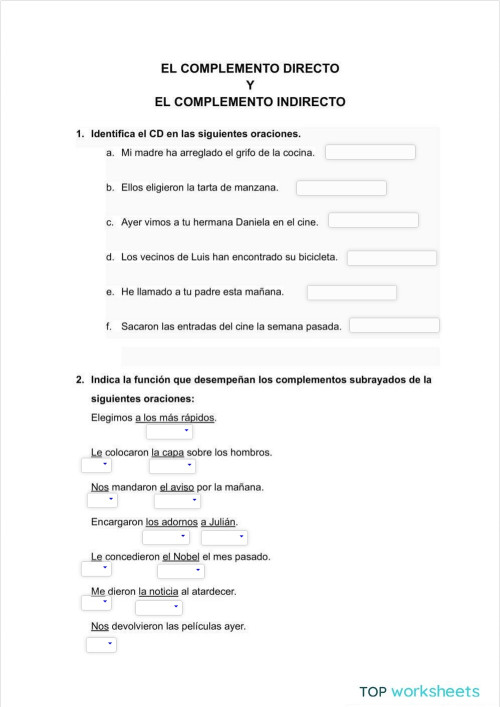 El complemento directo y el complemento indirecto. Ficha interactiva | TopWorksheets