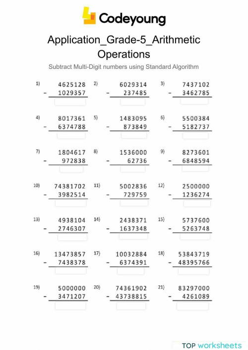 Application Subtract Multi Digit Numbers Using Standard Algorithm Interactive Worksheet