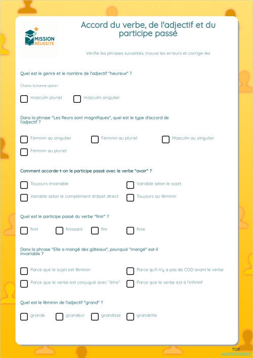 Accord du verbe, de l'adjectif et du participe passé. Fiche interactive ...