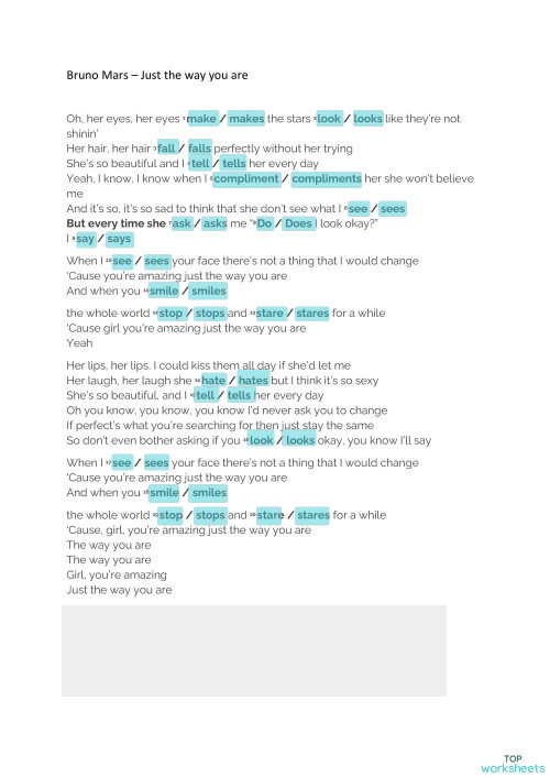 bruno mars just the way you are. Interactive worksheet | TopWorksheets