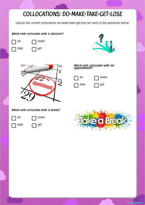 COLLOCATIONS: DO-MAKE-TAKE-GET-LOSE. Interactive worksheet | TopWorksheets