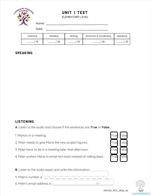 UNIT 1 TEST. Interactive worksheet | TopWorksheets