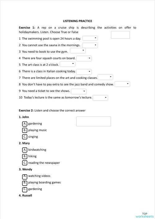 LISTENING PRACTICE. Interactive worksheet | TopWorksheets