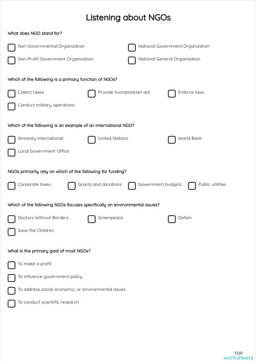 Listening about NGOs. Interactive worksheet | TopWorksheets