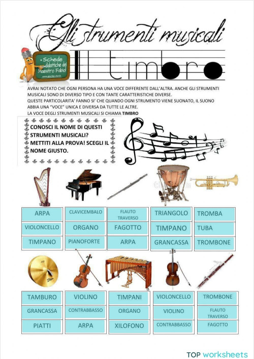Gli strumenti musicali: il timbro. Scheda interattiva | TopWorksheets