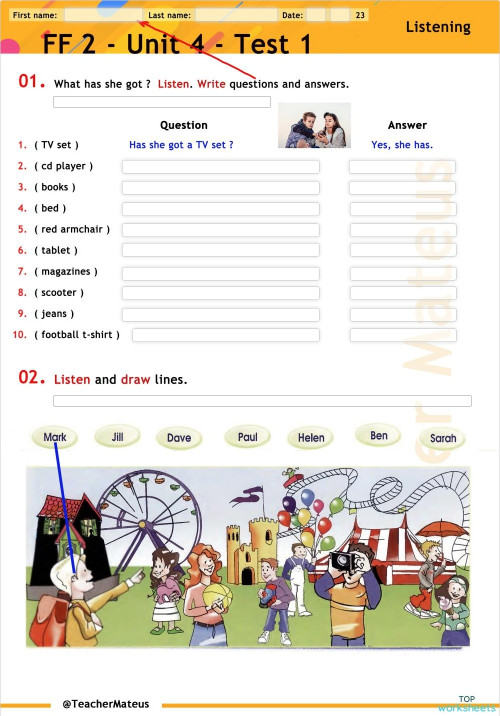 FF 2 - Unit 04 - Test 1 - Listening. Interactive worksheet | TopWorksheets