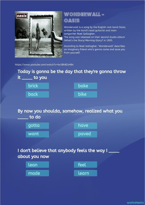Song Quiz - Wonderwall - Oasis. Interactive worksheet | TopWorksheets