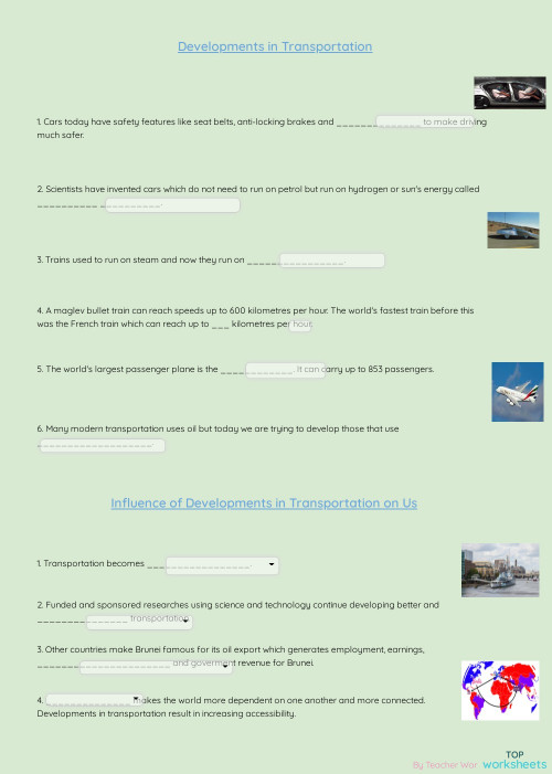 Developments in Transportation. Interactive worksheet | TopWorksheets
