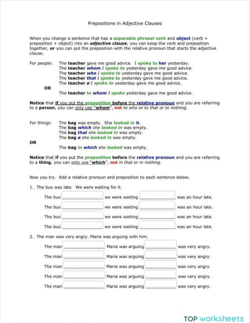 AG2 prepositions in adjectives clauses. Interactive worksheet ...