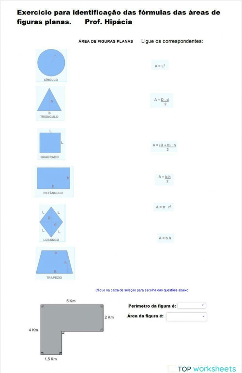 Áreas de figuras planas e Perímetro. Ficha interativa | TopWorksheets