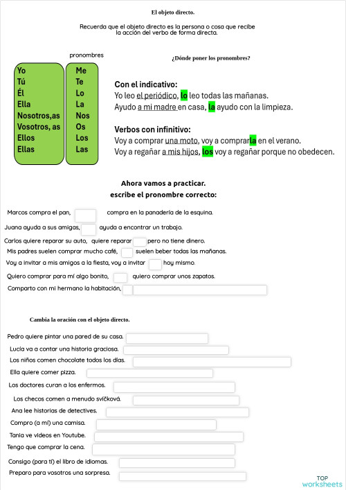 El objeto directo con presente indicativo y verbos con infinitivo ...