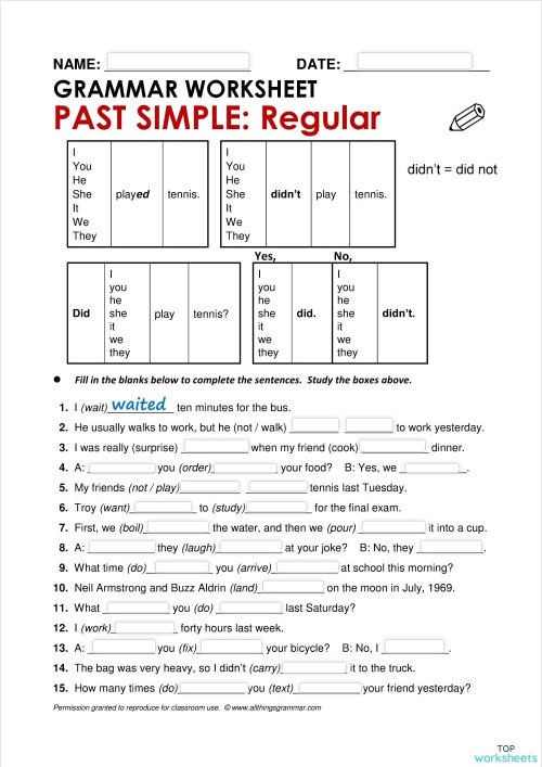 Past Simple: Regular (Grammar Worksheet). Interactive worksheet ...