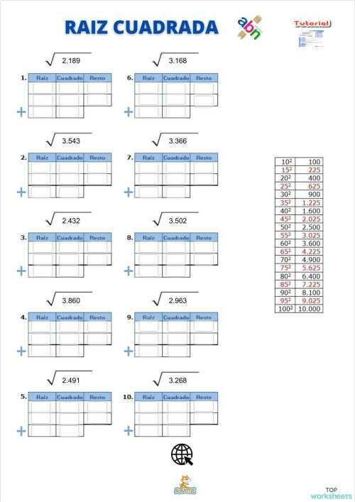 Raíz cuadrada ABN 02. Ficha interactiva | TopWorksheets