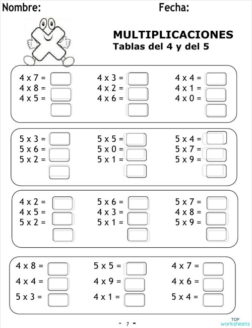 Multiplicaciones rápidas tabla del 4 y 5. Ficha interactiva | TopWorksheets