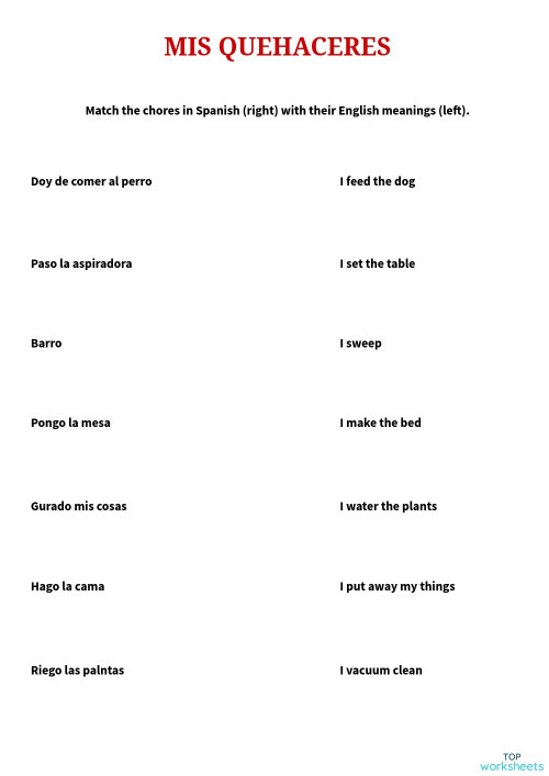 Mis Quehaceres. Ficha interactiva | TopWorksheets