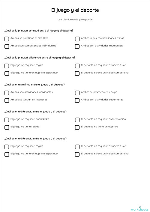El juego y el deporte. Ficha interactiva | TopWorksheets