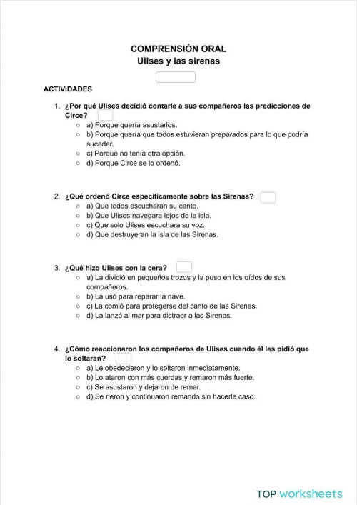 Comprensión oral Ulises y las sirenas. Ficha interactiva | TopWorksheets