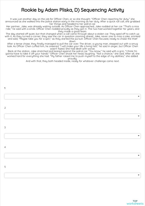 Rookie by Adam Pliska, D) Sequencing Activity. Interactive worksheet ...