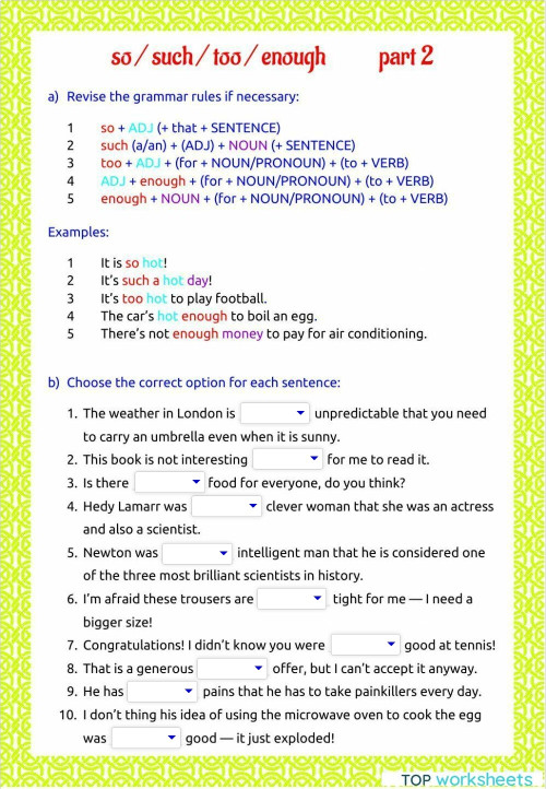 So - such - too - enough - part 2. Interactive worksheet | TopWorksheets So - such - too - enough - part 2. Interactive worksheet | TopWorksheets