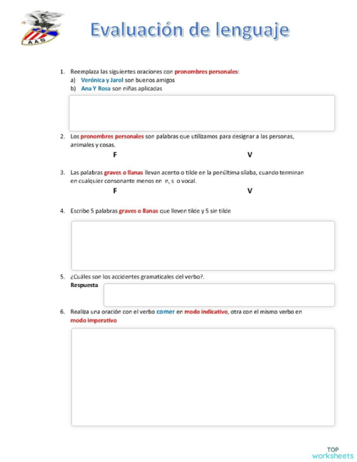 Evaluación de lenguaje. Ficha interactiva | TopWorksheets