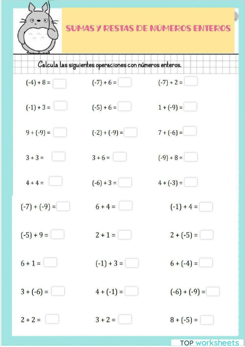 Sumas y restas enteros. Ficha interactiva | TopWorksheets