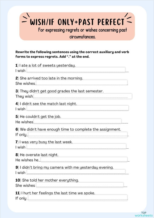 Wish/If only+Past perfect- Rewriting sentences. Interactive worksheet ...