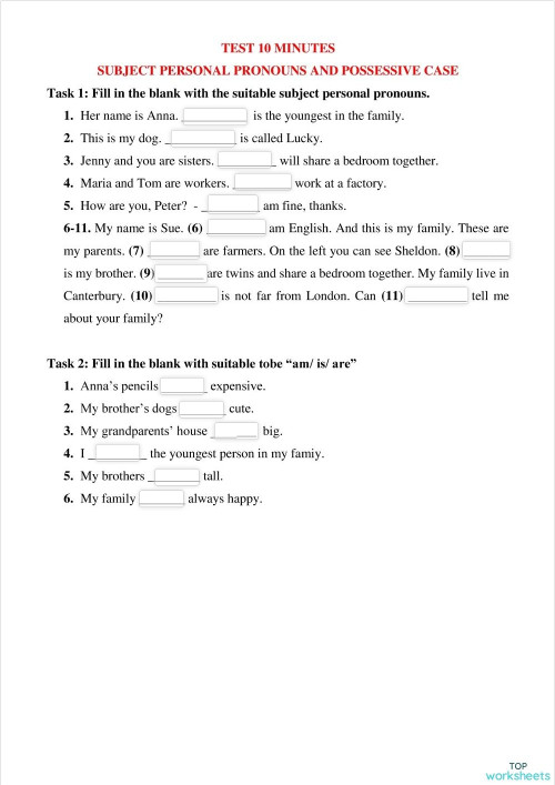 Personal Pronouns + Possessive Case - Test 10m. Interactive worksheet ...