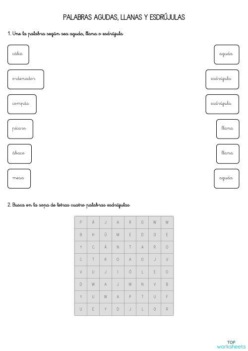 PALABRAS AGUDAS, LLANAS Y ESDRÚJULAS. Ficha interactiva | TopWorksheets