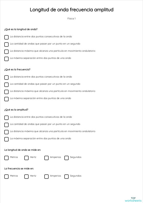 Longitud de onda frecuencia amplitud. Ficha interactiva | TopWorksheets