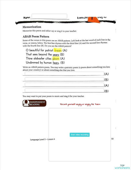 Lesson 4: ABAB Poem Pg 50. Interactive worksheet | TopWorksheets