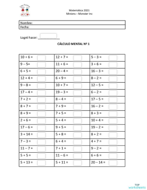 Cálculo mental 1. Ficha interactiva | TopWorksheets