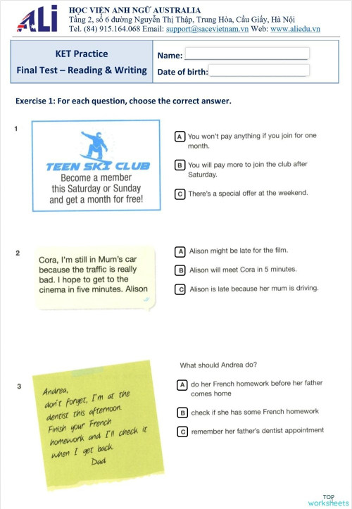KET Practice_Final Test_Reading & Writing. Interactive worksheet ...