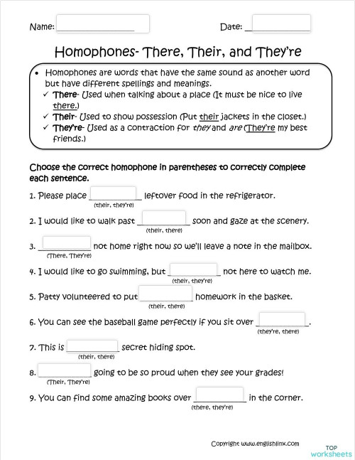 Homophones - There, Their and They're. Interactive worksheet ...