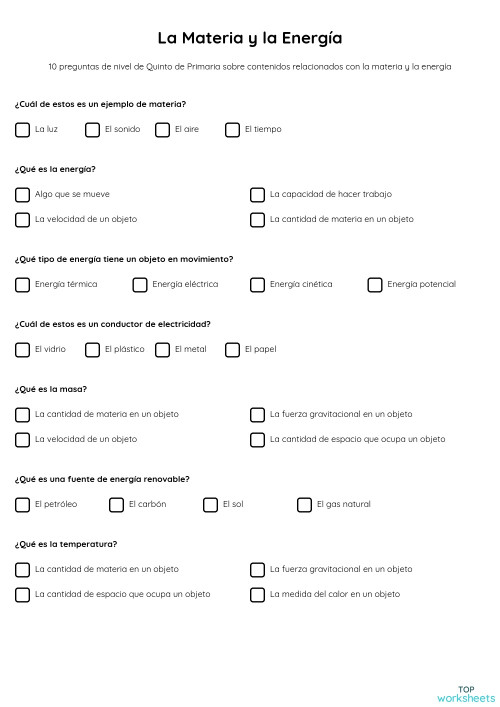 La Materia y la Energía. Ficha interactiva | TopWorksheets