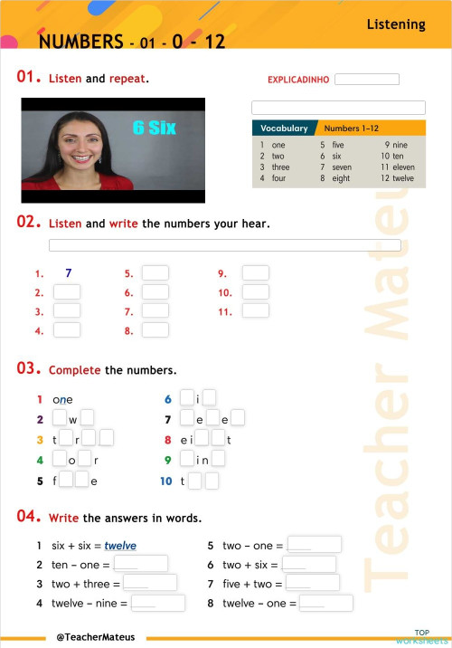 NUMBERS - 01 - Listening and Writing. Interactive worksheet | TopWorksheets