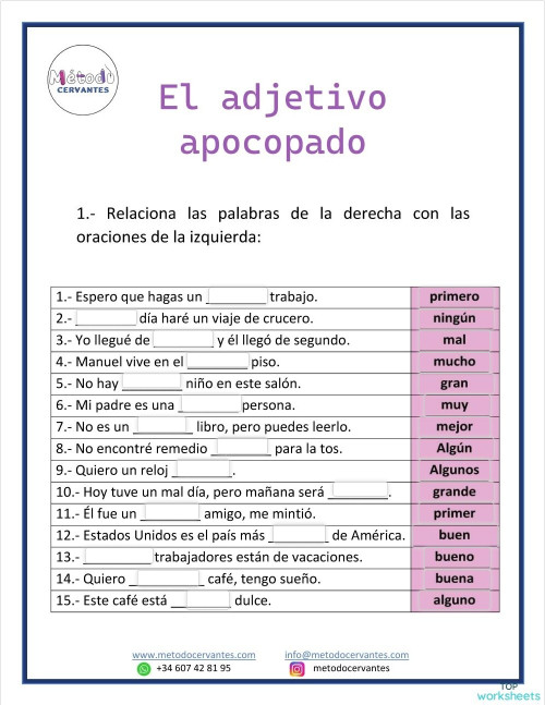 El adjetivo apocopado. Ficha interactiva | TopWorksheets