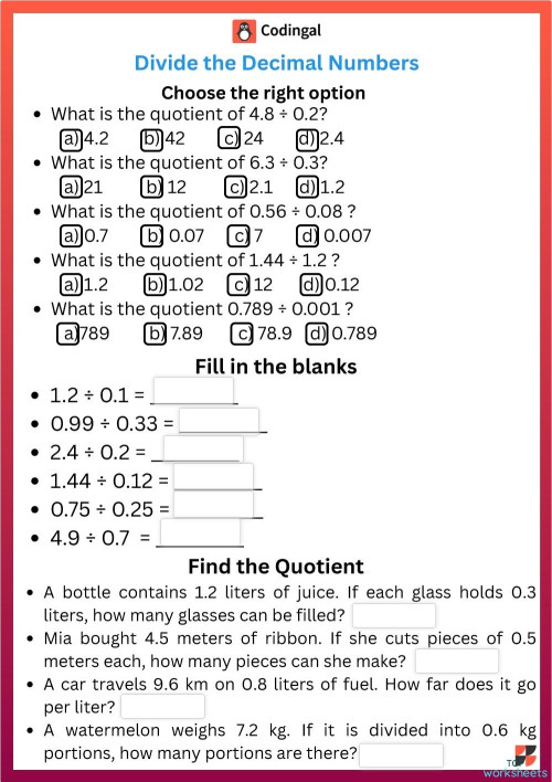 M_G05M08L22_WC01_Dividing_Decimals_by_Decimals_1. Interactive worksheet | TopWorksheets