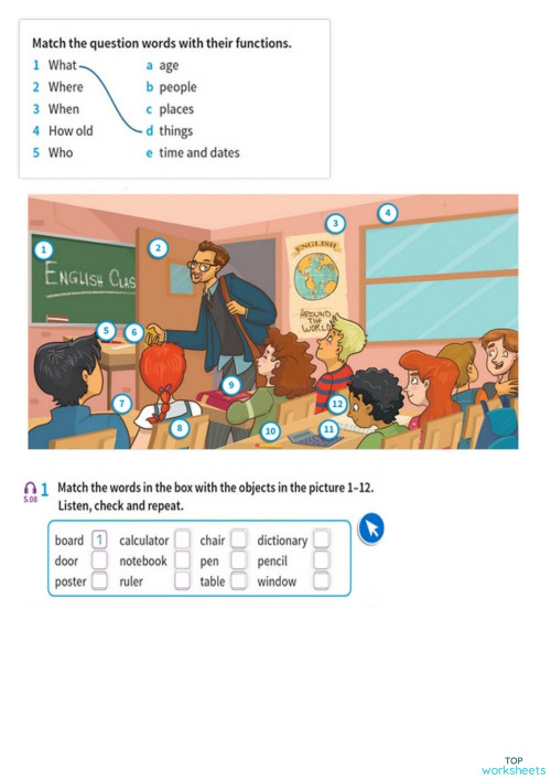 Objects in classroom. Interactive worksheet | TopWorksheets