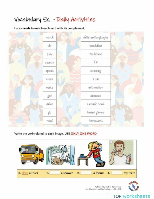 Vocabulary Ex. - Daily Activities. Interactive worksheet | TopWorksheets