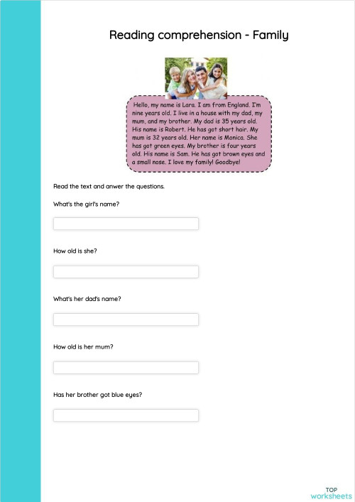 Reading comprehension - Family. Interactive worksheet | TopWorksheets