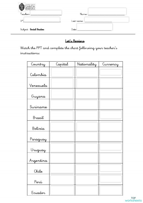 Social Studies - South America Chart. Ficha interactiva | TopWorksheets