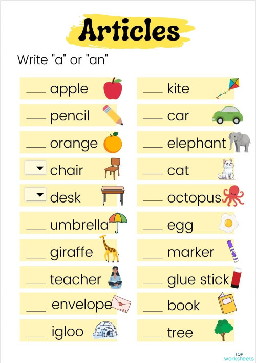 Article Worksheets. Interactive worksheet | TopWorksheets