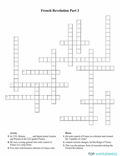 French Revolution Part 3 Crossword. Interactive worksheet | TopWorksheets