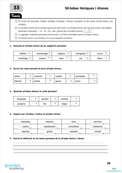 síl·laba tònica i àtones. Fitxa interactiva | TopWorksheets