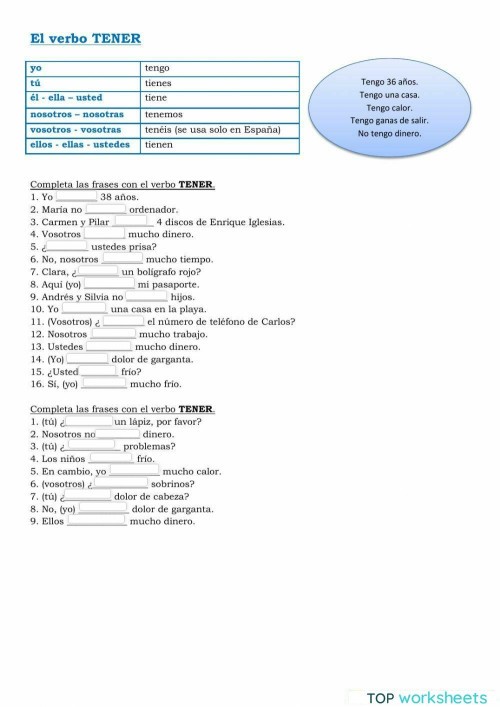 Verbo tener. Ficha interactiva | TopWorksheets