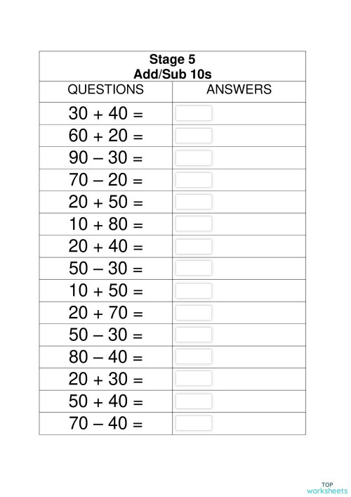 BF - ST5 - Add Sub 10s. Interactive worksheet | TopWorksheets