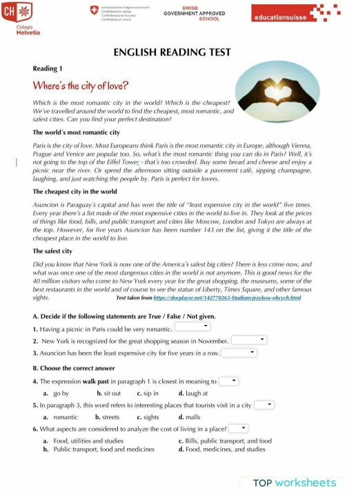 Reading Ex. - Test (Intermediate). Interactive worksheet | TopWorksheets