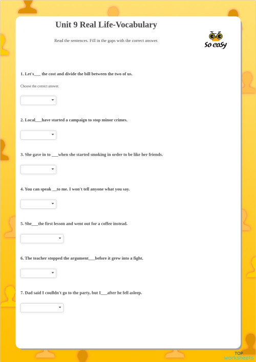 Unit 9 Real Life-Vocabulary. Interactive worksheet | TopWorksheets