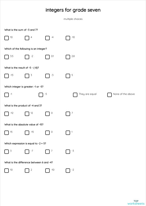 integers for grade seven. Interactive worksheet | TopWorksheets
