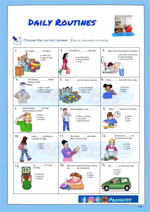 Worksheet-Pre A1 Daily routines 10+. Ficha interactiva | TopWorksheets